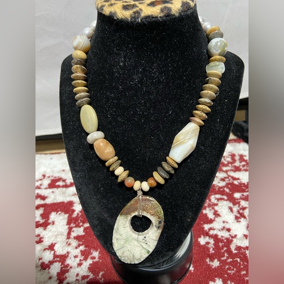 Jewelry | Stone Bead Necklace With Ceramic Pendant Wire Wrap Clasp And ...